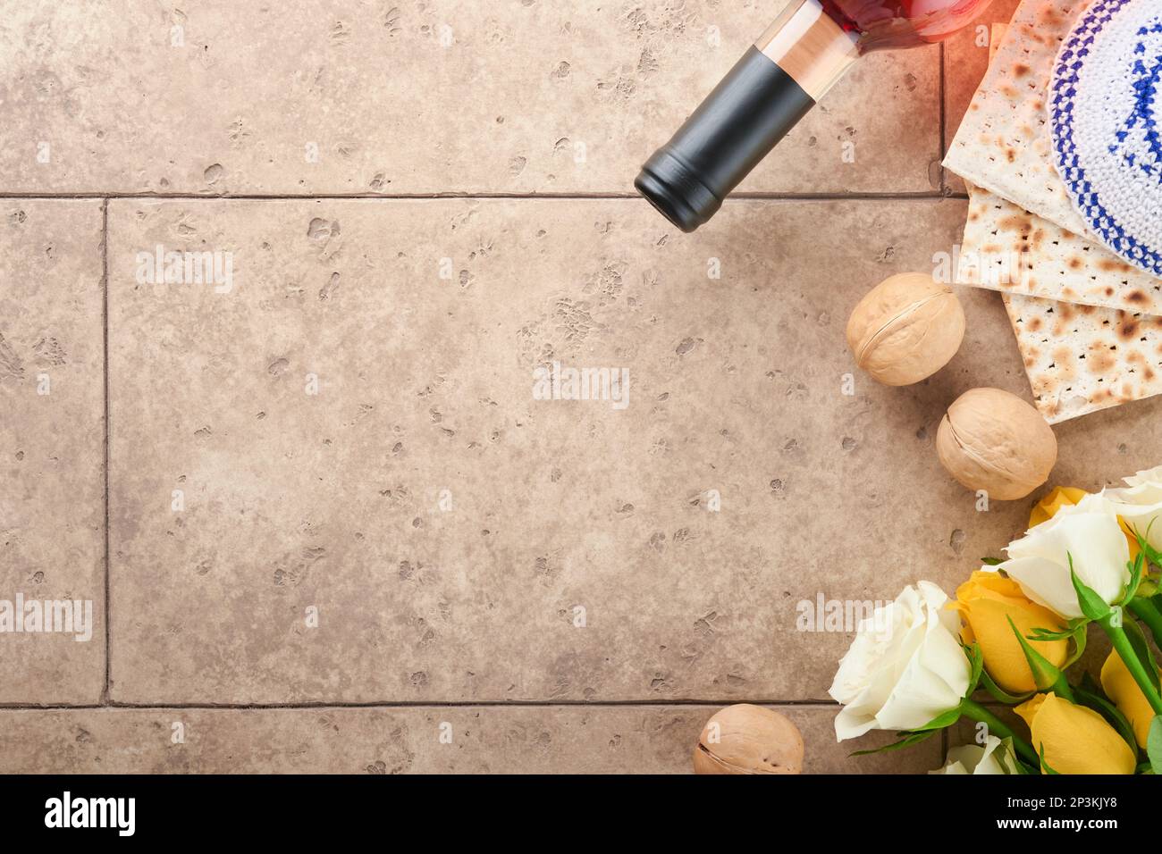 Passover celebration concept. Matzah, kosher red wine, walnut and white ...