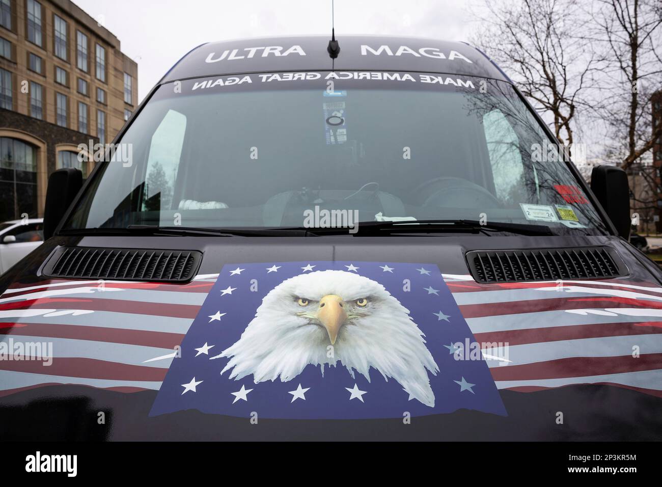 A MAGA-themed vehicle is seen parked outside the Conservative Political ...
