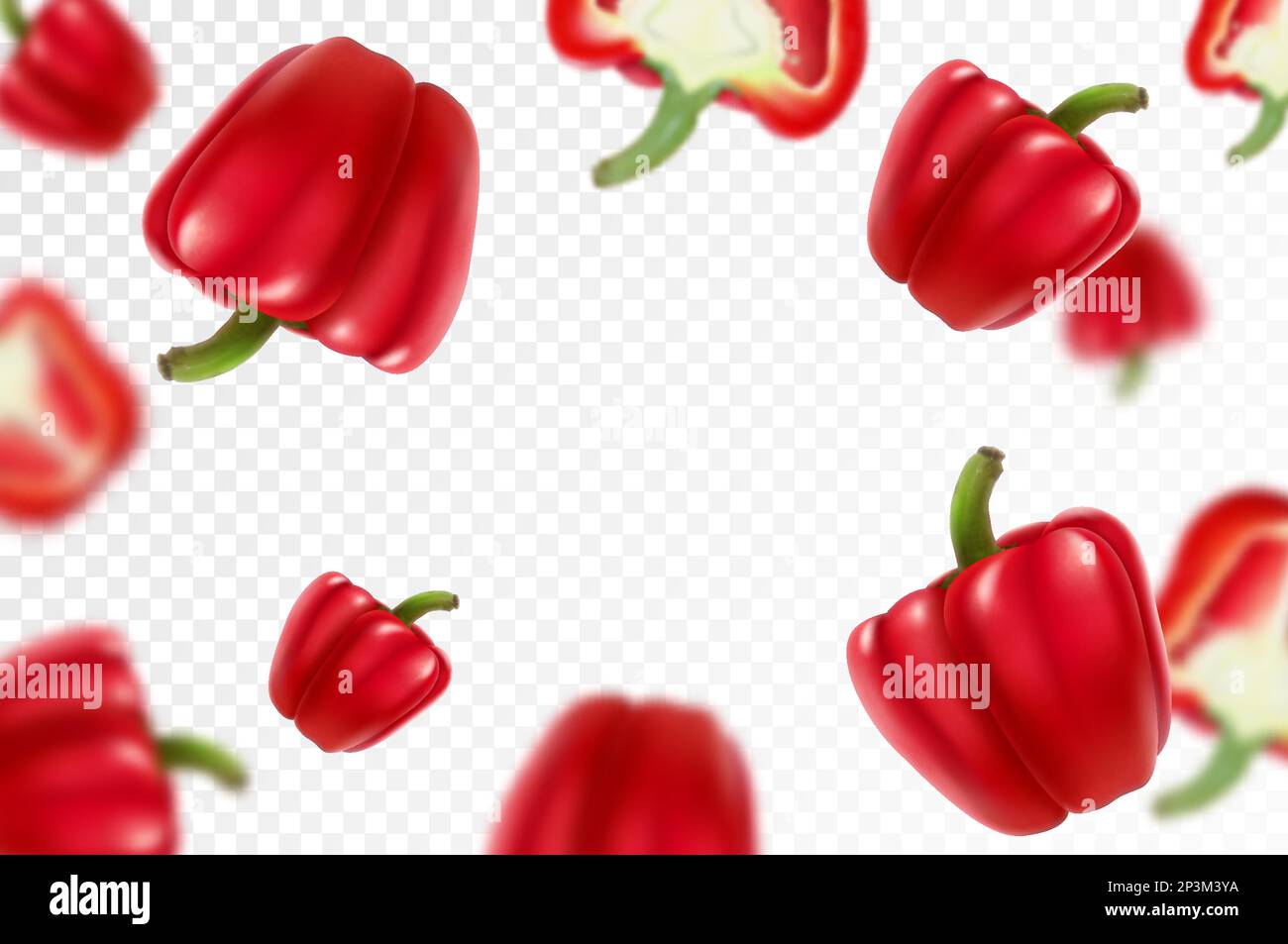 Falling red bell peppers isolated on a transparent background with ...
