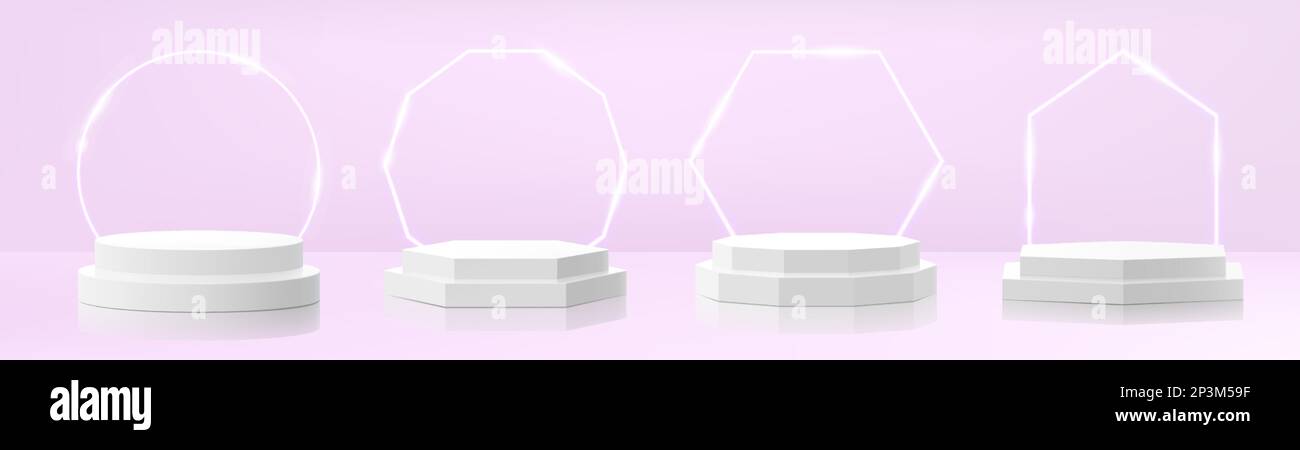 Set of white podiums of different shapes, podiums with steps, with ...