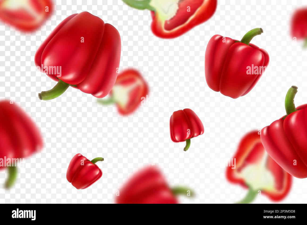 Falling red bell peppers isolated on a transparent background with ...