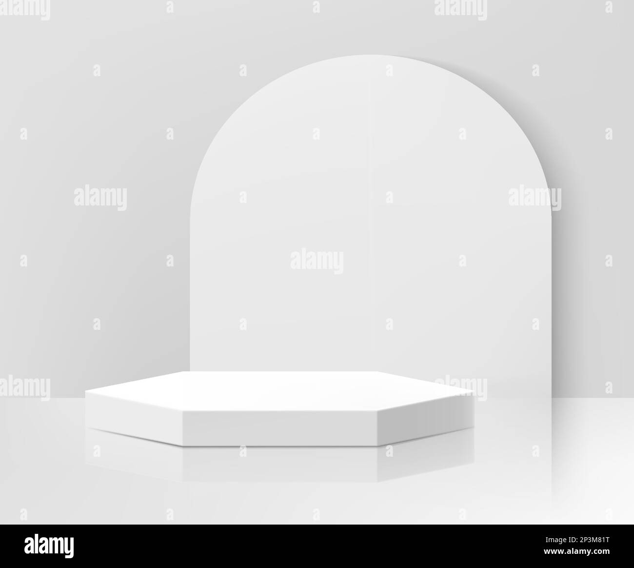 Realistic 3D podium pedestal in hexagon shape with arch gate background ...