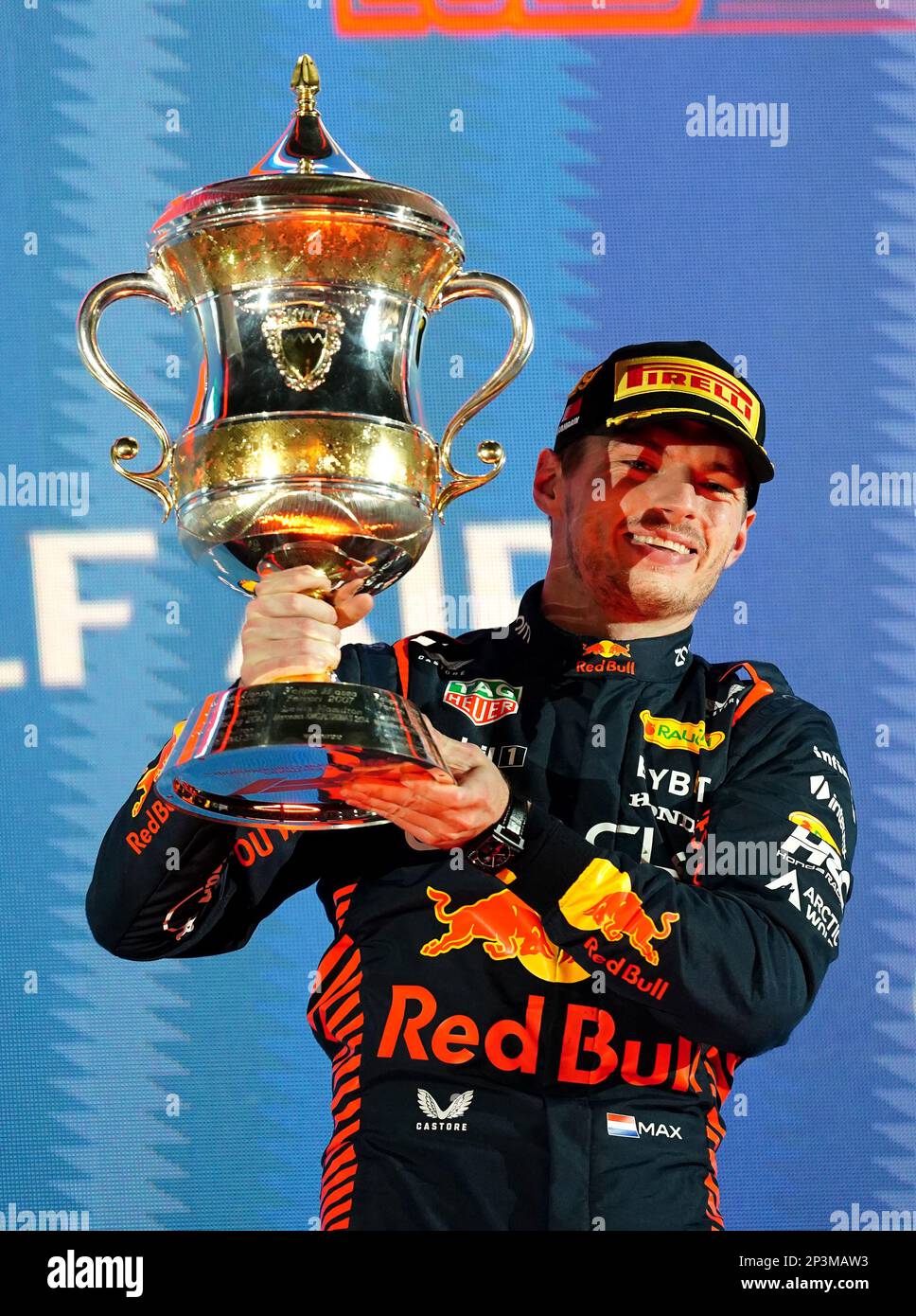 Race winner Red Bull's Max Verstappen celebrates with the trophy on the ...