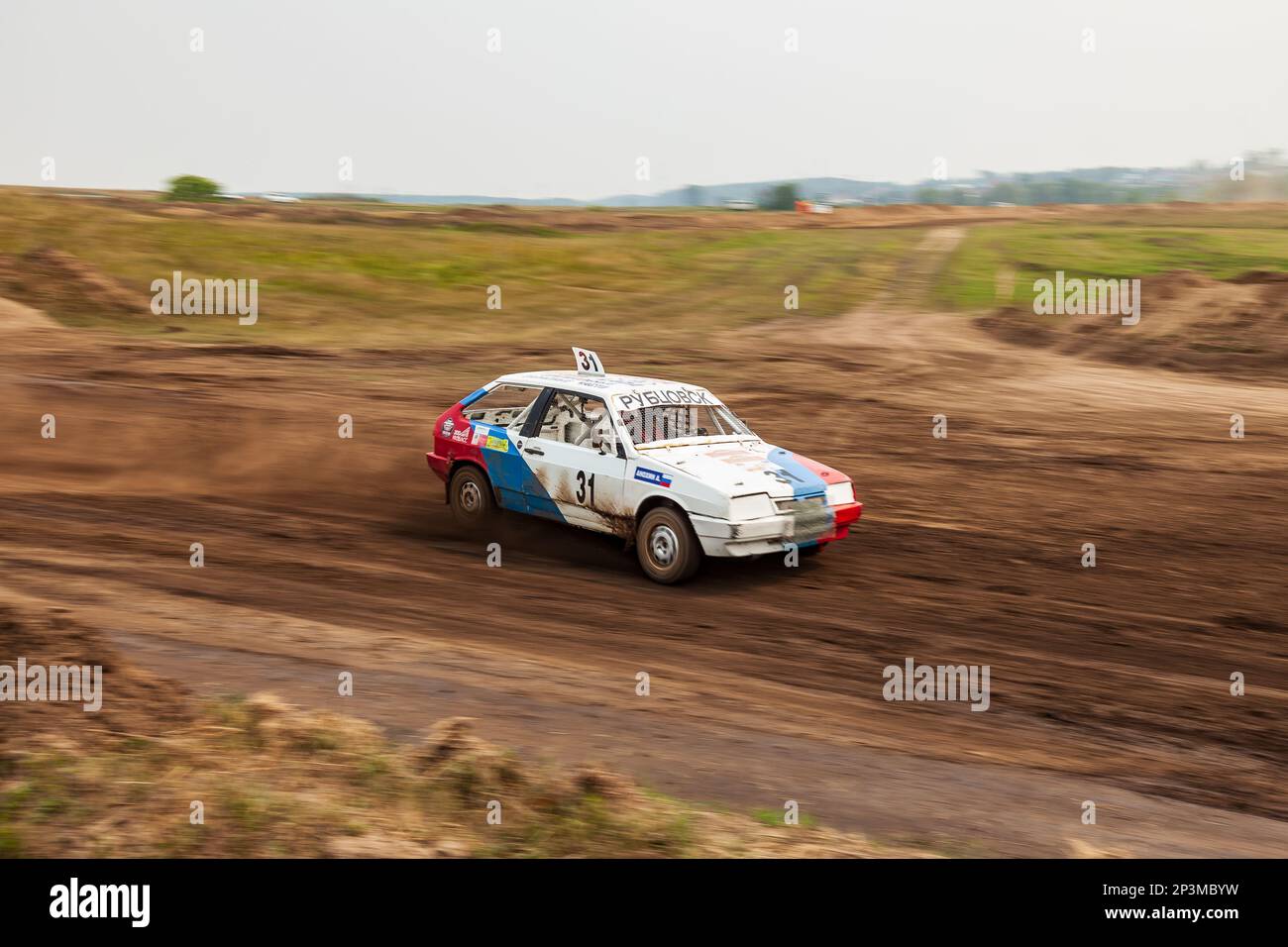 Novosibirsk, Russia - 08.07.2022: Rally off-road car make a turn with ...