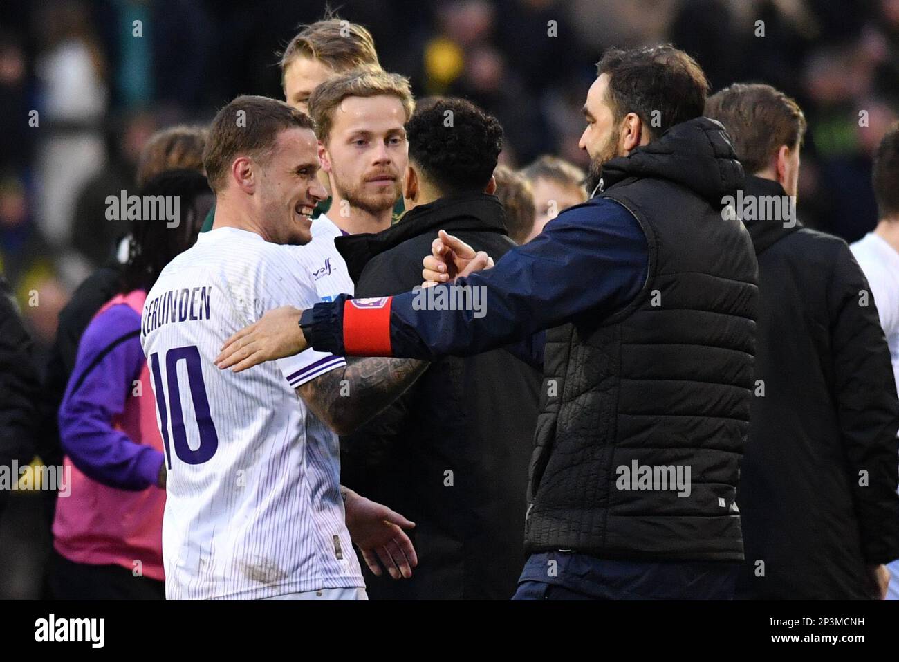 Beerschot's players celebrate after winning a soccer match between ...