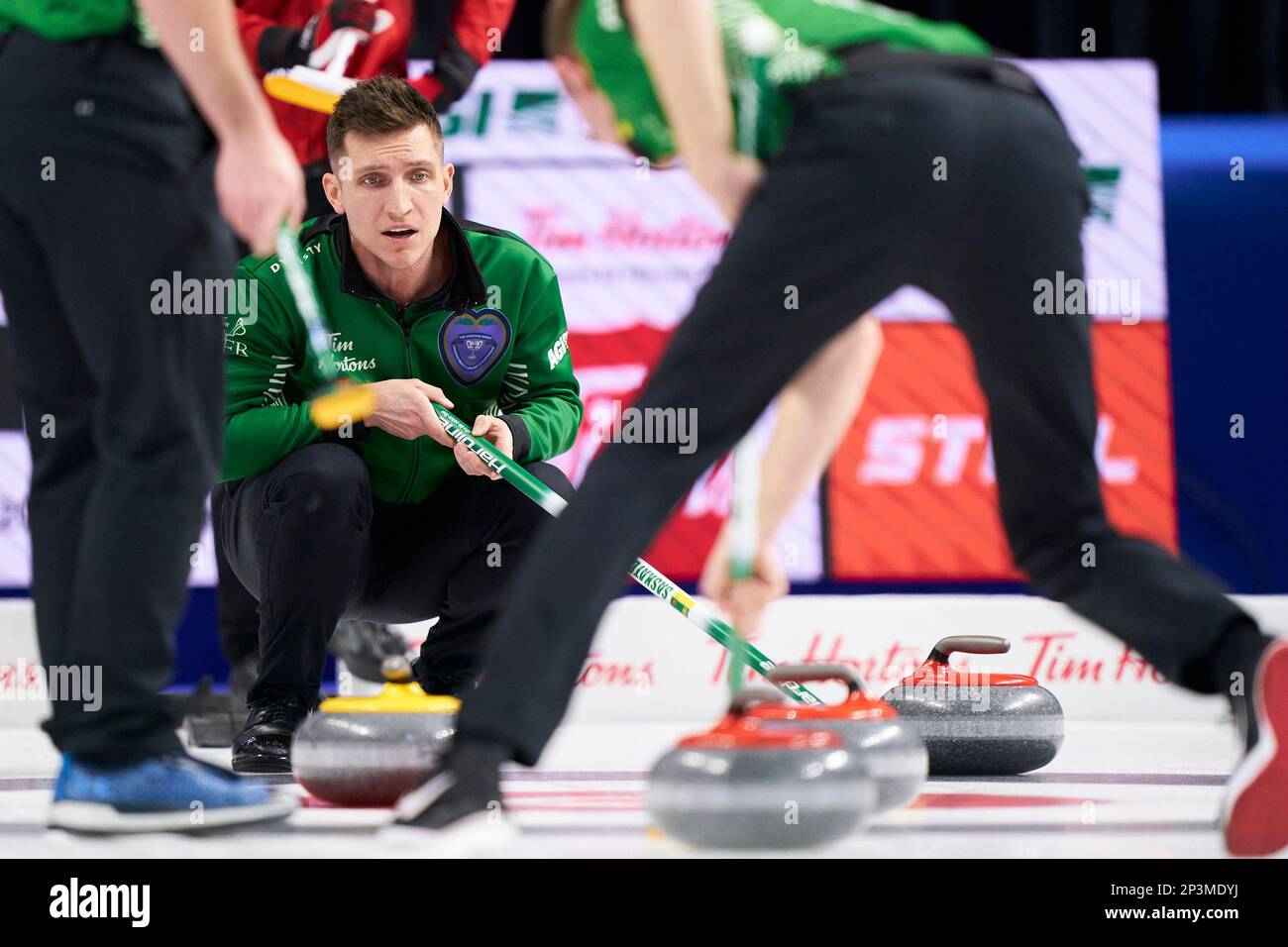 Saskatchewan skip Kelly Knapp watches a shot during his team's match ...