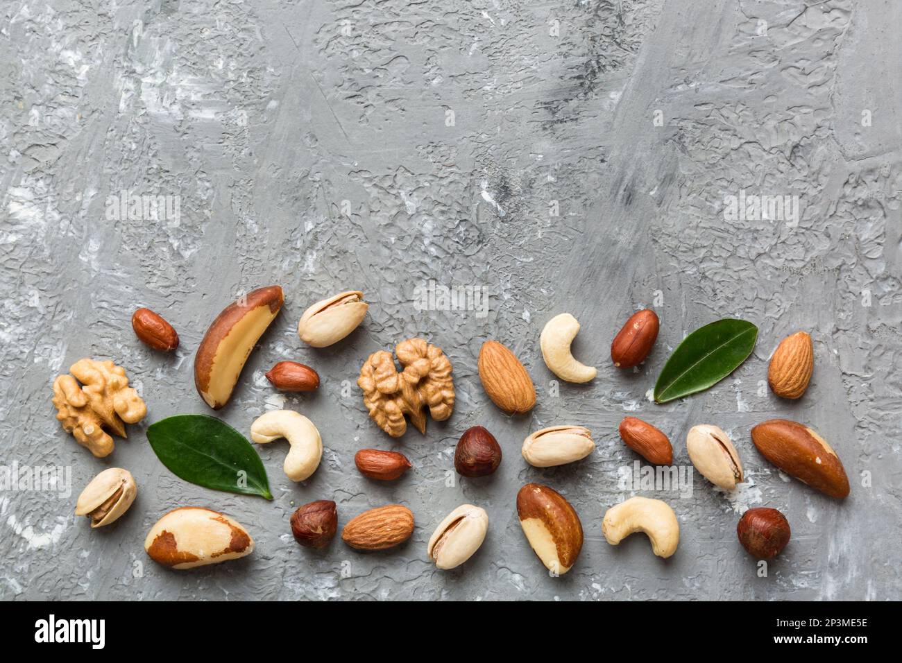 Composition of nuts , flat lay - mix hazelnuts, cashews, almonds on ...