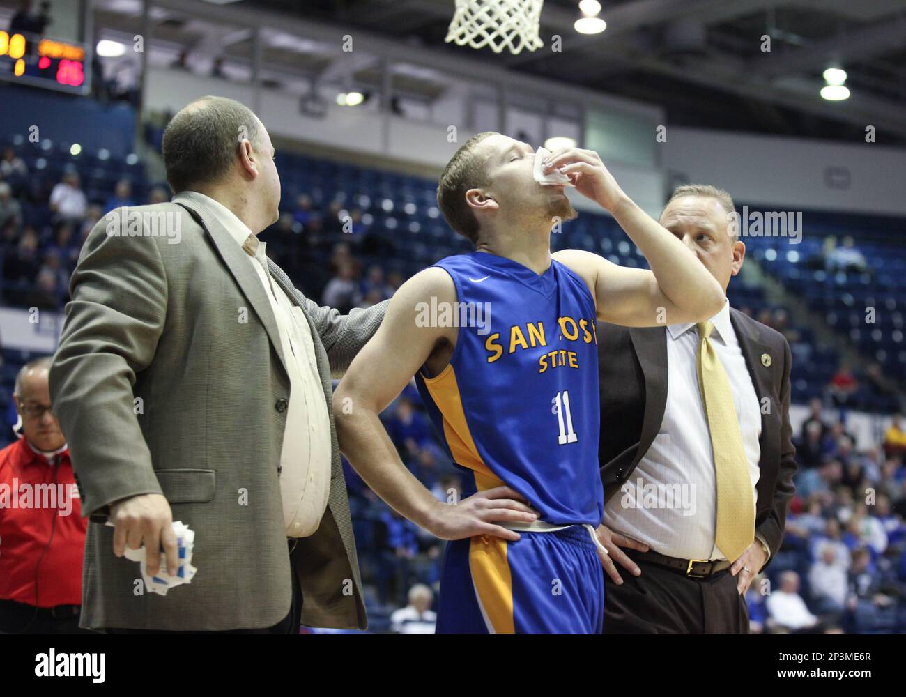 January 7, 2015: San Jose State Guard Danny Mahoney (11) with a bloody ...