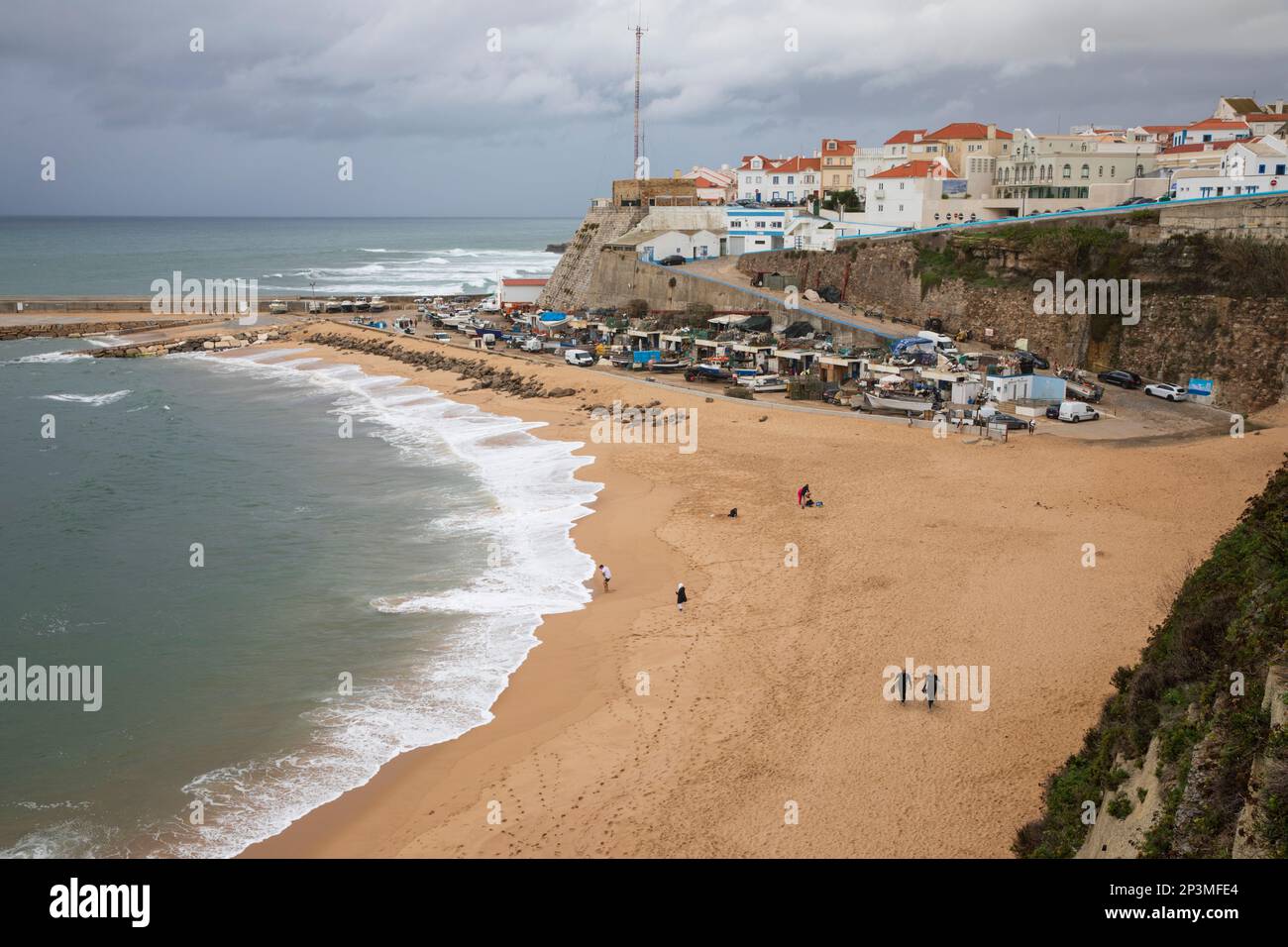 View over sandy beach of famous surfing town on the Atlantic Ocean ...