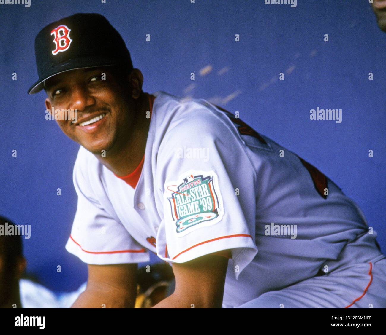 Pitcher Pedro Martinez of the Boston Red Sox in the dugout before play ...
