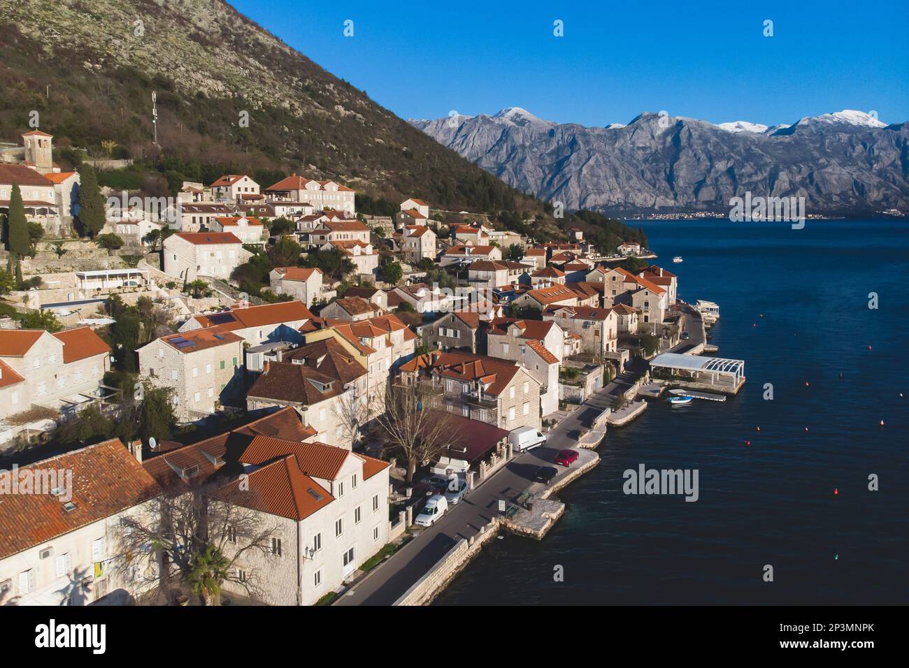 Perast, Montenegro, beautiful aerial top panoramic view of Perast old ...