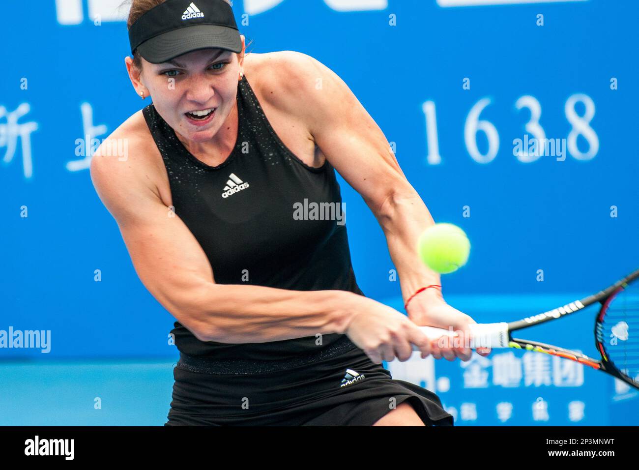 Simona Halep of Romania prepares to return a shot to Annika Beck of ...