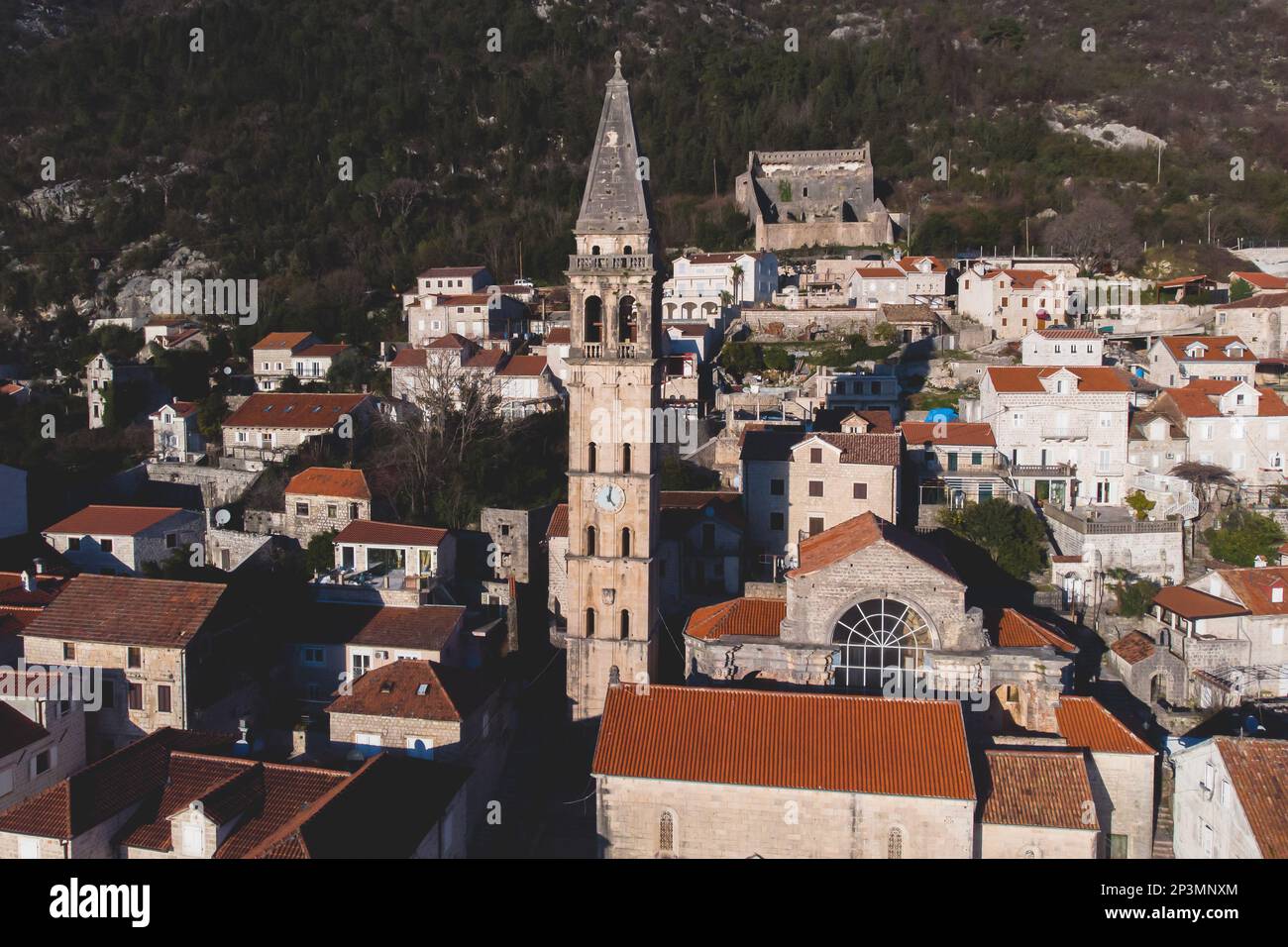 Perast, Montenegro, beautiful aerial top panoramic view of Perast old ...