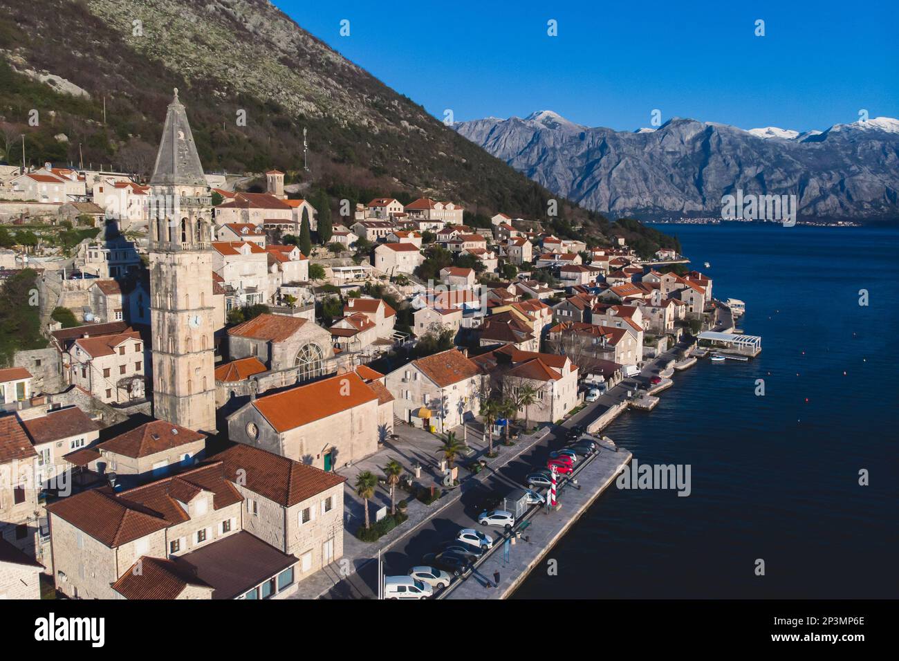 Perast, Montenegro, beautiful aerial top panoramic view of Perast old ...
