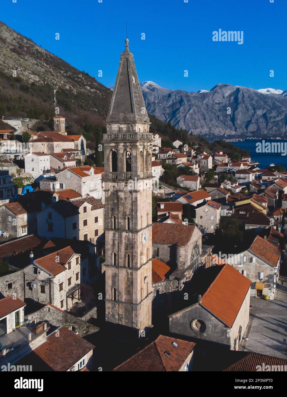 Perast, Montenegro, beautiful aerial top panoramic view of Perast old ...