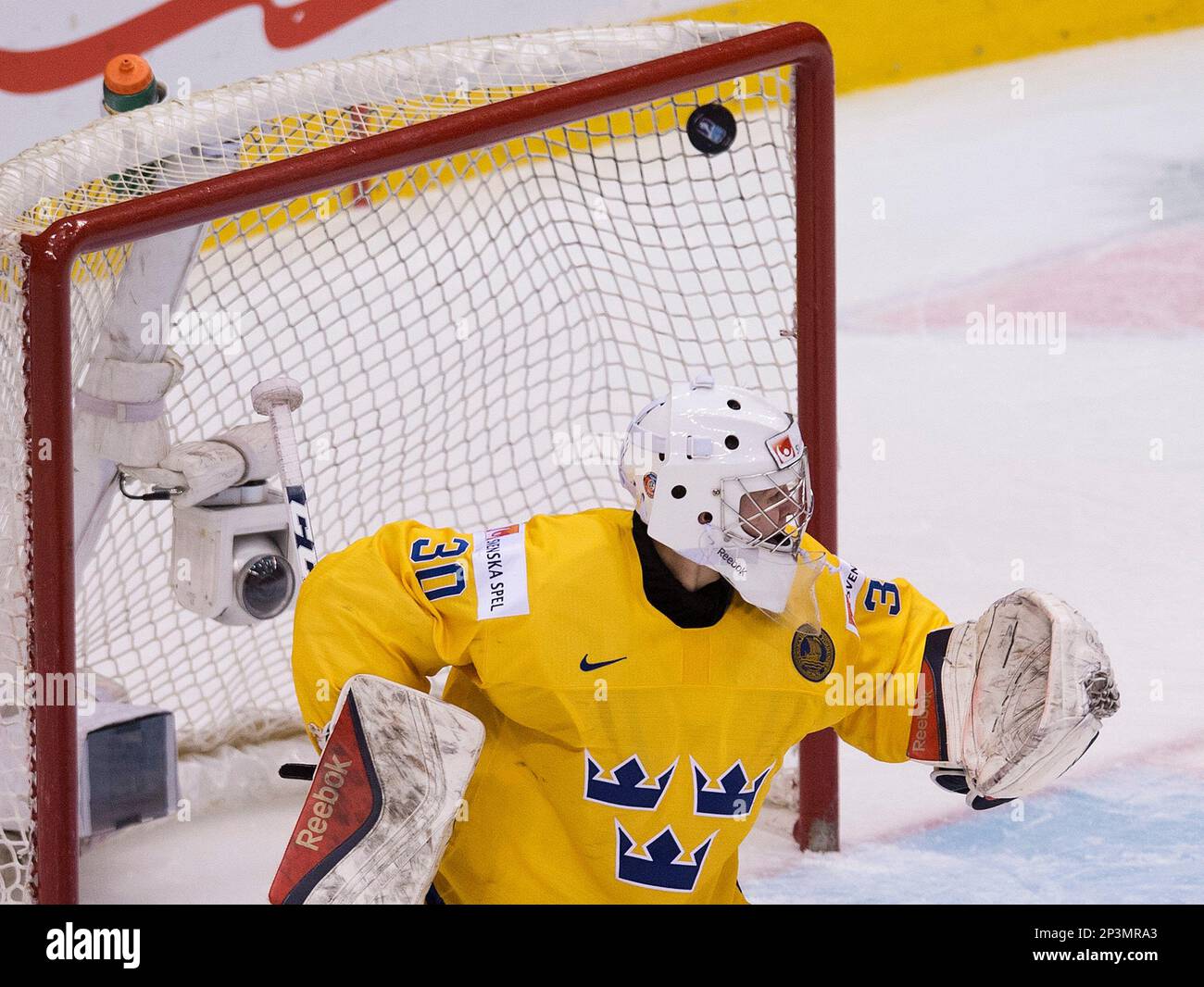 Sweden goalie Linus Soderstrom is scored on by Russia during second ...