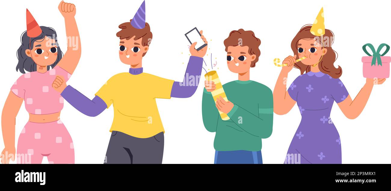 Happy birthday teens party, boys and girls celebrate anniversary or ...