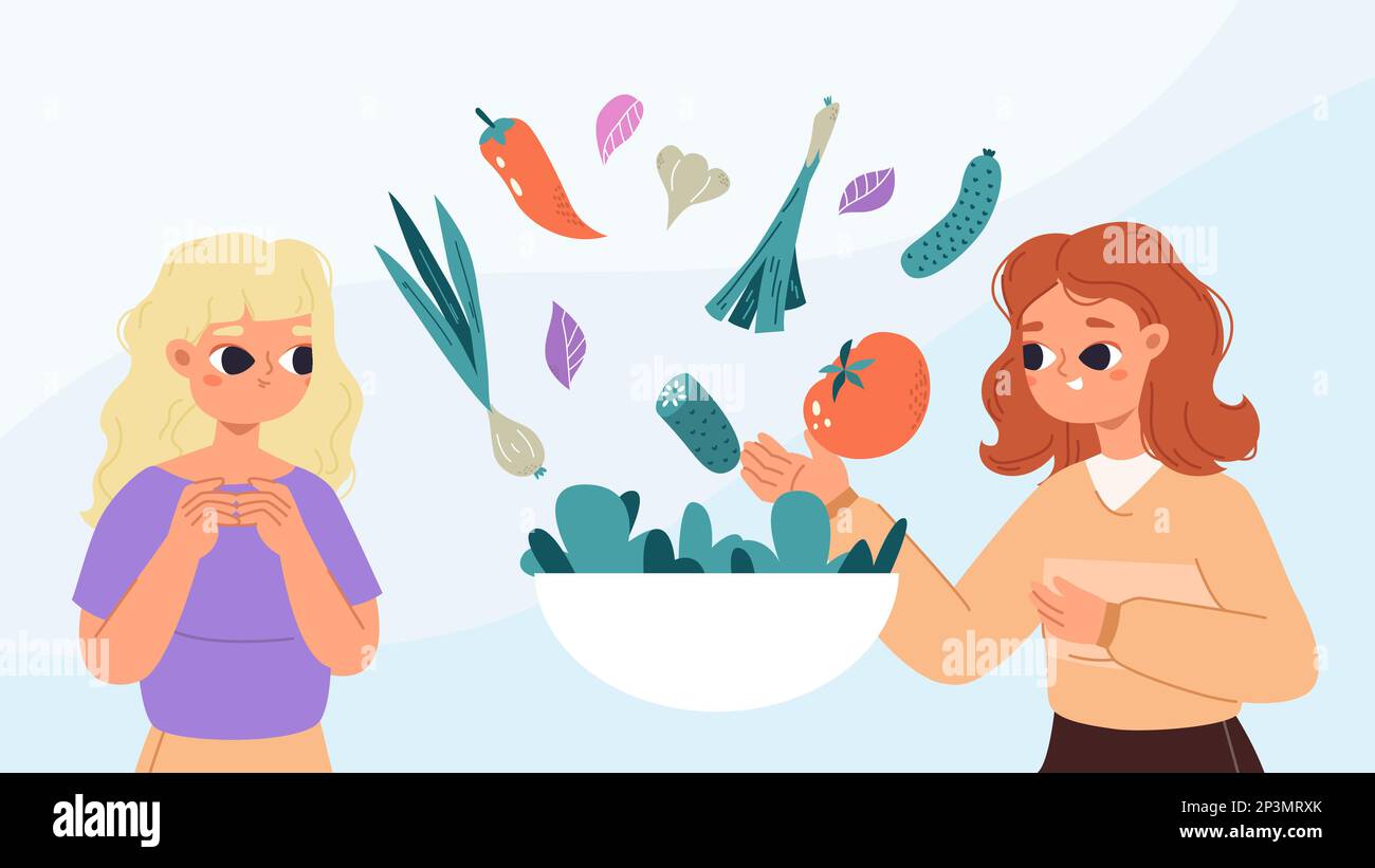 Fresh salad, healthy food and diet lifestyle. Young girls and ...