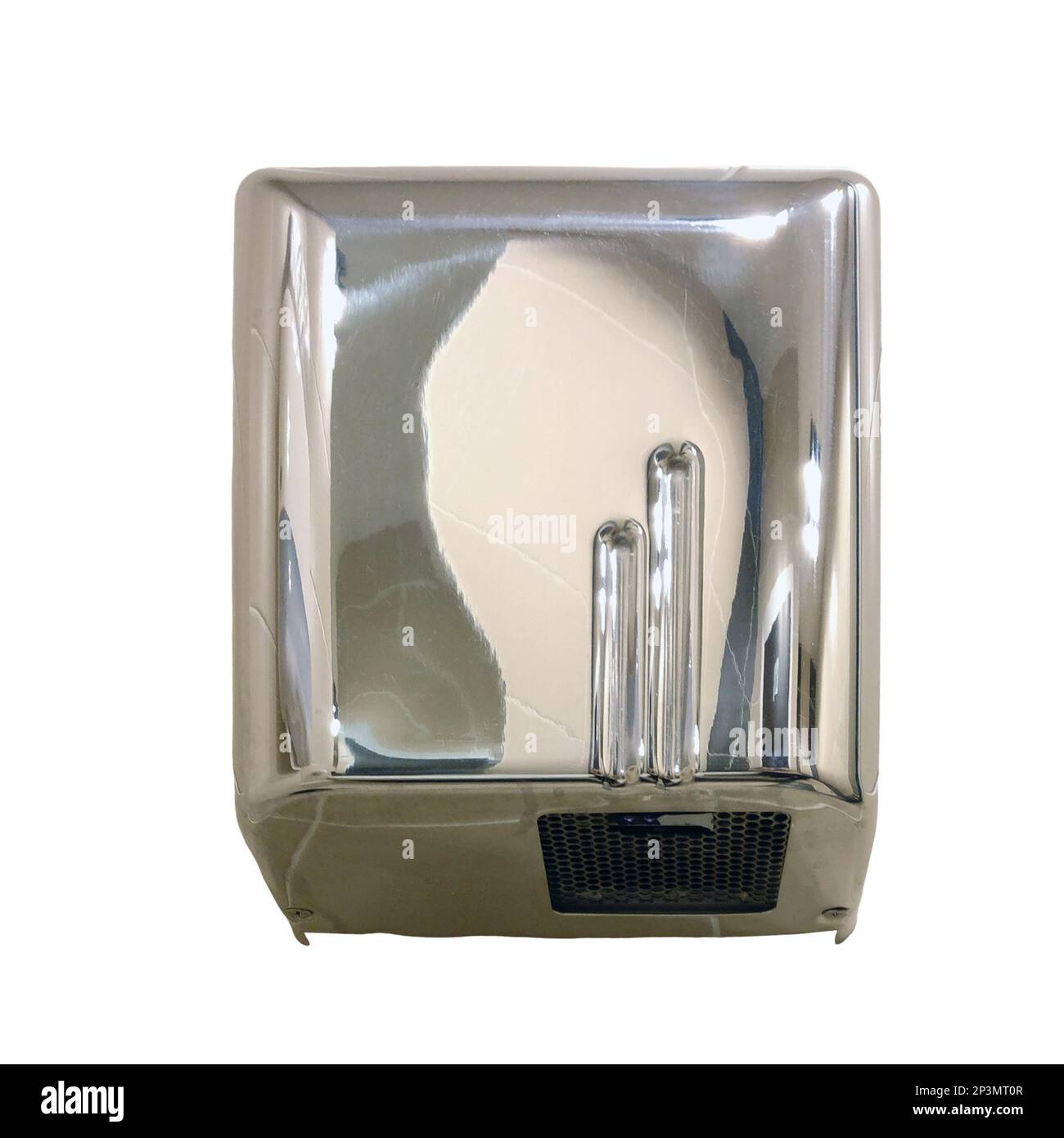 Metal hand dryer on the tiled wall, isolated on a white background. Hot ...