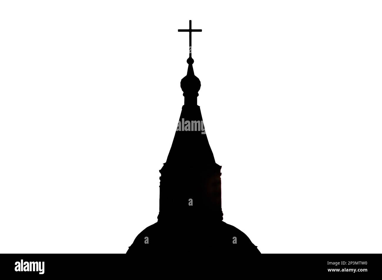 Silhouette of the catholic church at sunset, isolated on a white ...