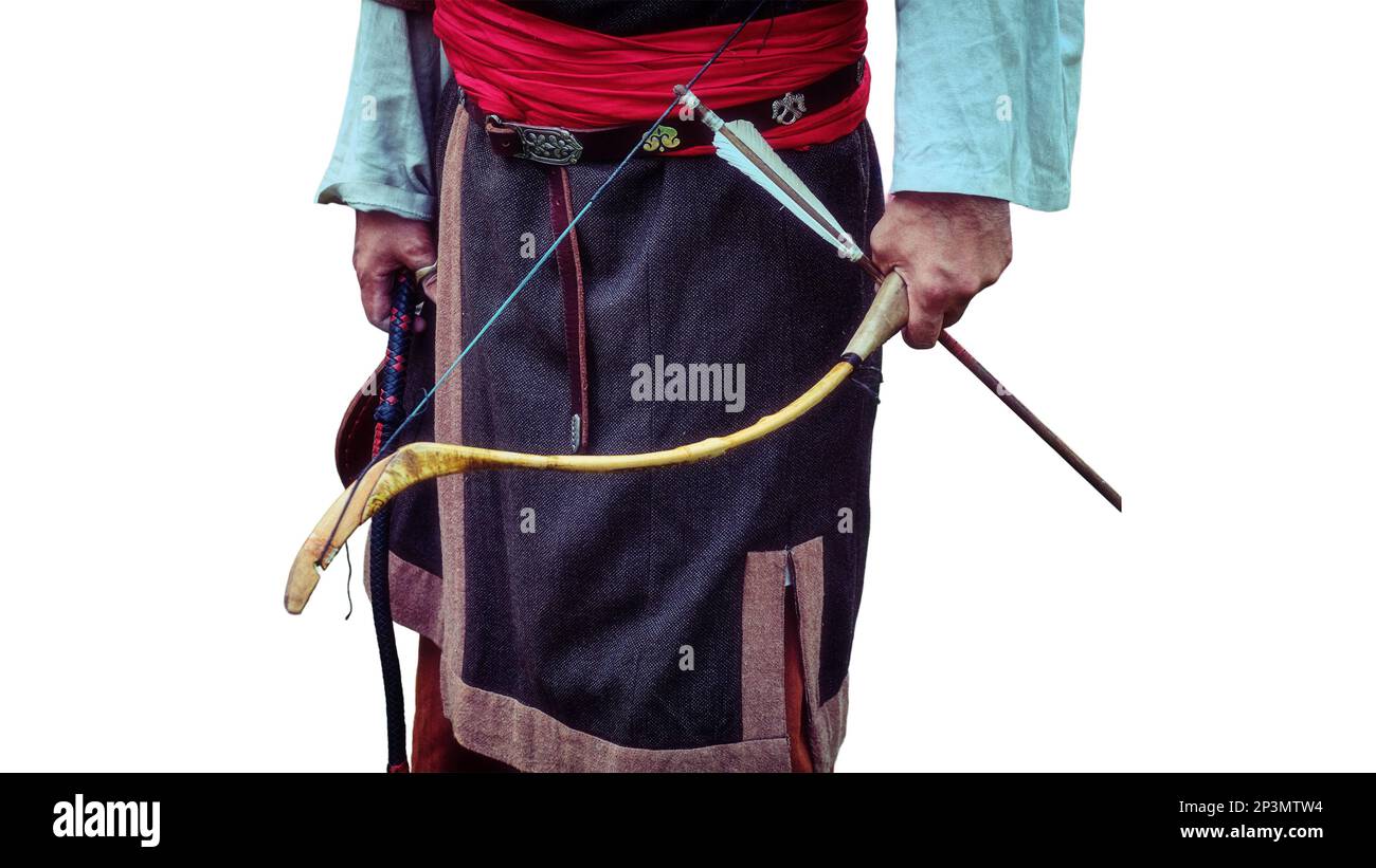 Archer Buryat tribe stands with a bow in his hand, isolated on a white ...