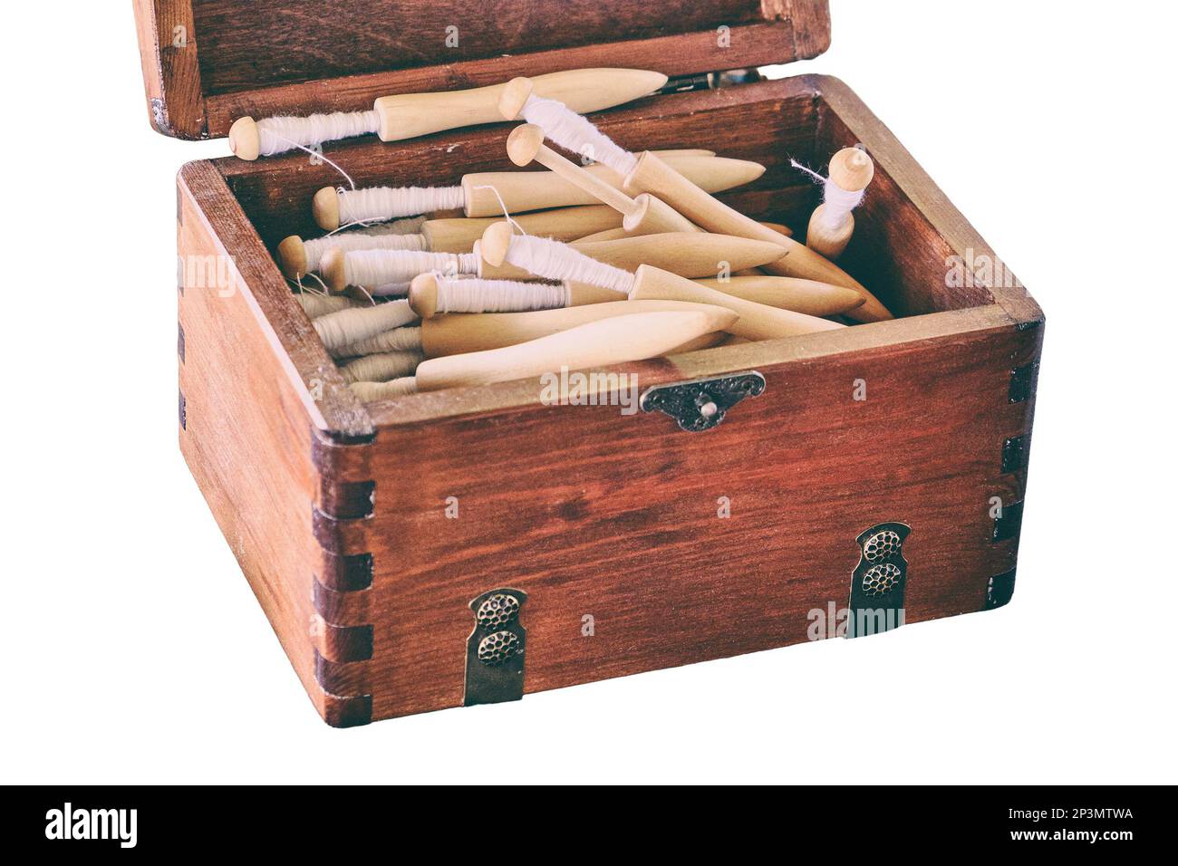 Vintage box of spools for yarn, isolated on a white background. Coil ...