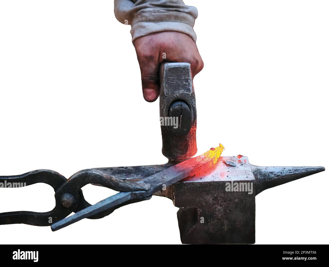 Twisting a red-hot billet is clamped in the grip, isolated on a white ...