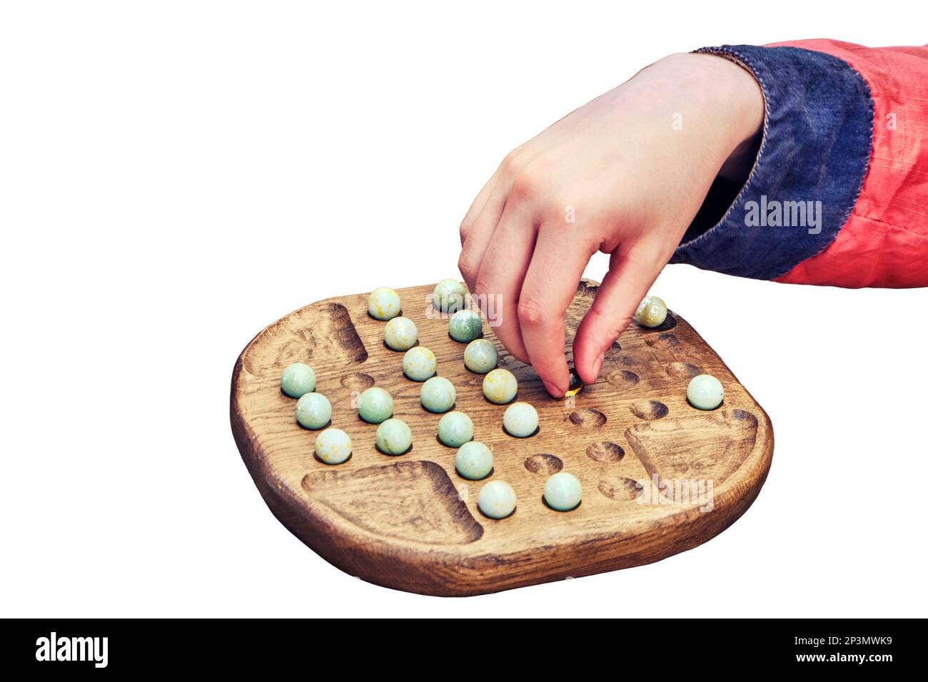 Two people play an ancient board game Mill, isolated on a white ...