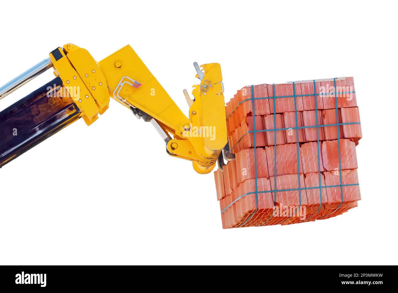 Supply packing bricks crane on the unfinished building, isolated on a ...