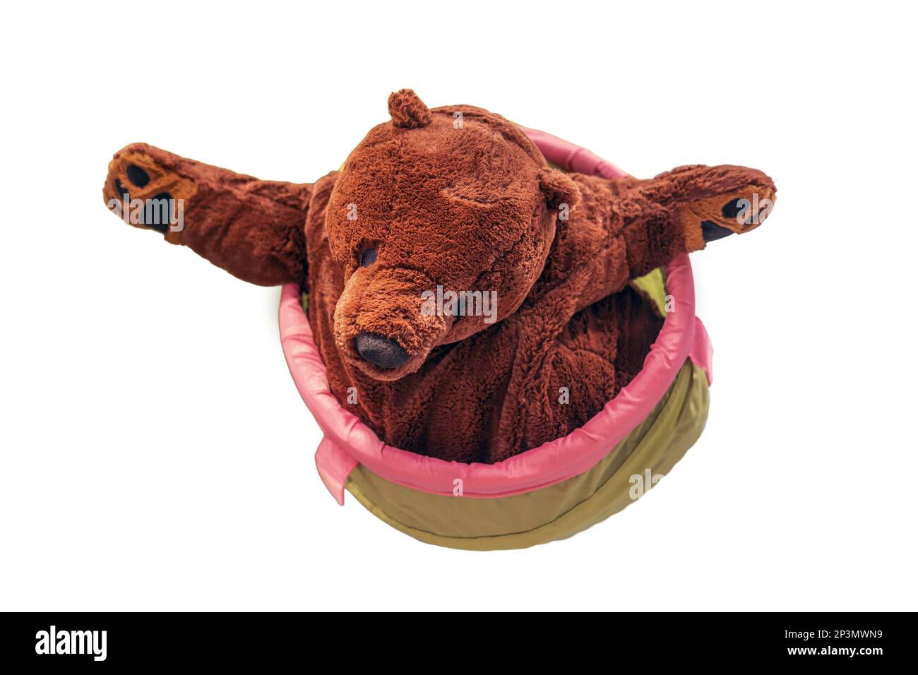 Big brown bear toy in flight, isolated on a white background Stock ...