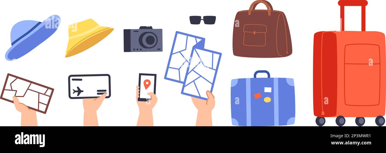 Travel kit, suitcase and cabin size bag. Sunglasses, photo camera and ...