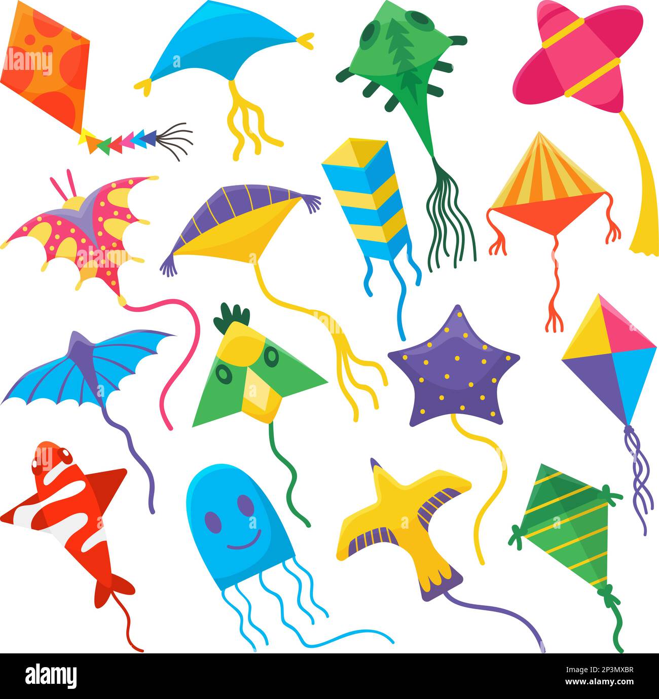 Cartoon kite, kid colorful toys kites on threads flying. Wind free fly ...