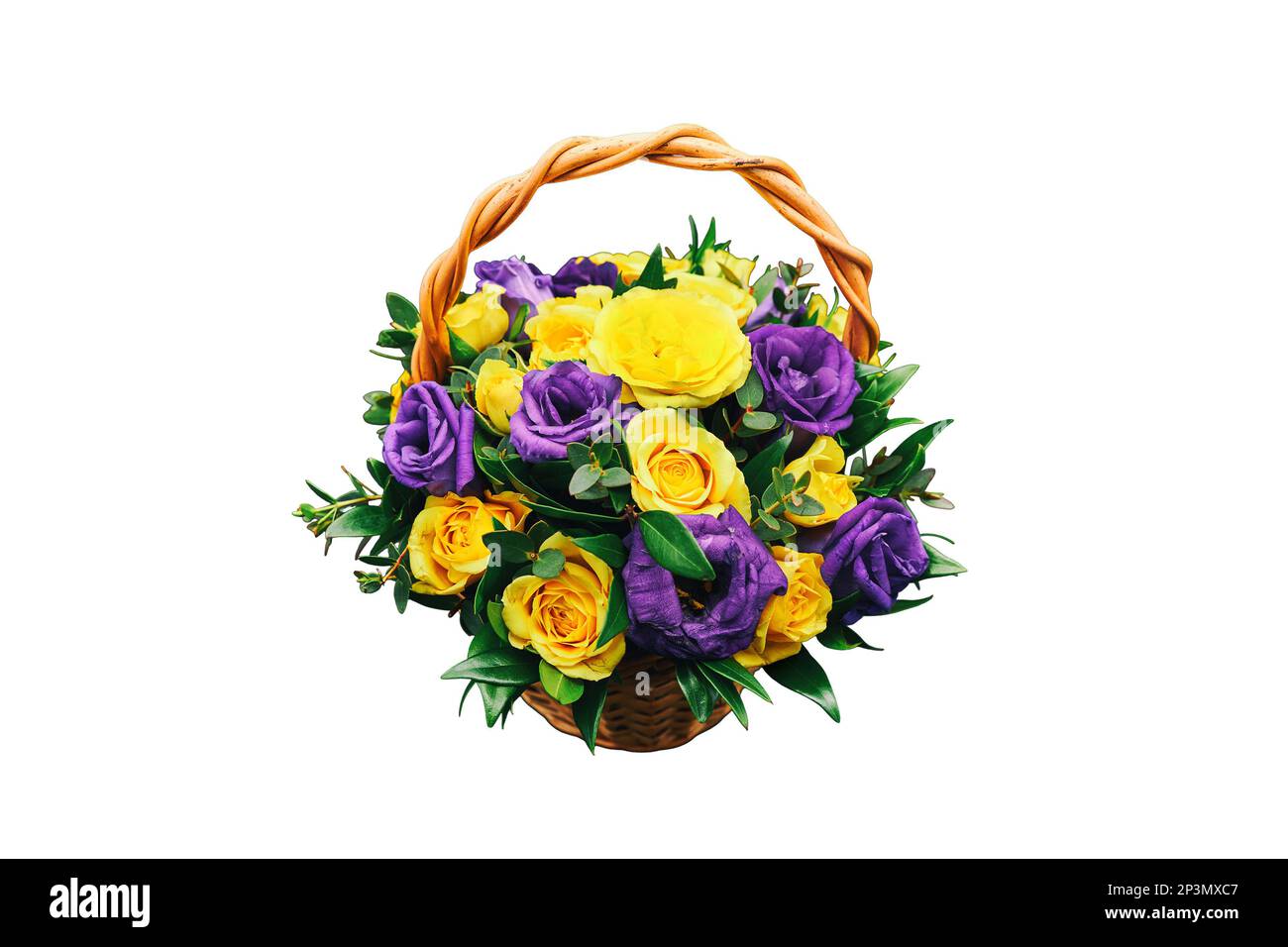 Basket with yellow and blue roses, isolated on a white background ...