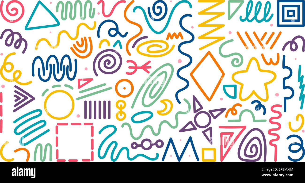 Abstract line doodle shapes. Colorful lines, curves children doodles ...