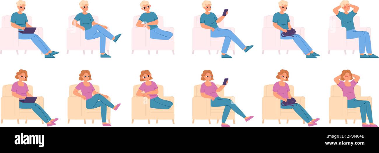 Boy and girl sitting in chair various poses. Teenagers dream, sleep and ...