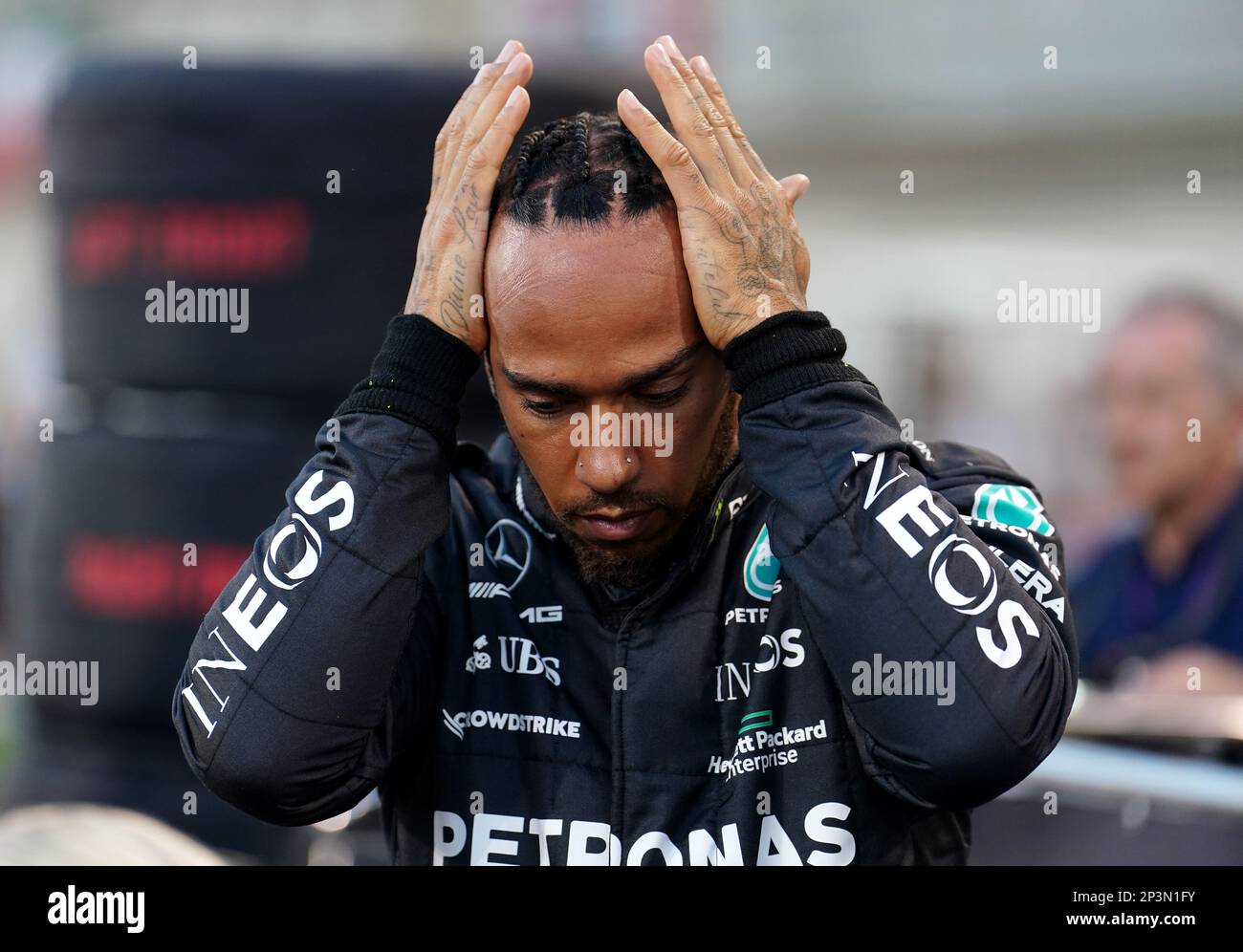Mercedes' Lewis Hamilton on the grid before the Bahrain Grand Prix at ...