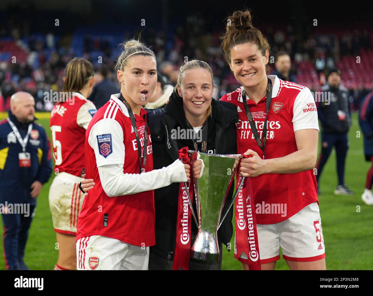 Arsenal's Steph Catley (left), Beth Mead (centre) and Jennifer Beattie ...