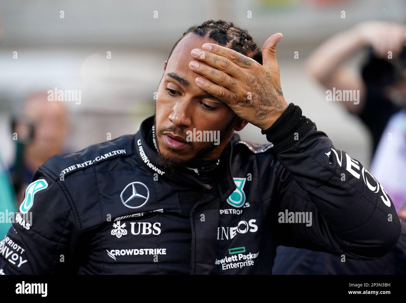 Mercedes' Lewis Hamilton on the grid before the Bahrain Grand Prix at ...