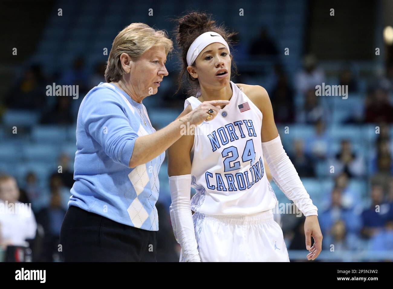 02 January 2015: UNC head coach Sylvia Hatchell (left) talks to Jessica ...
