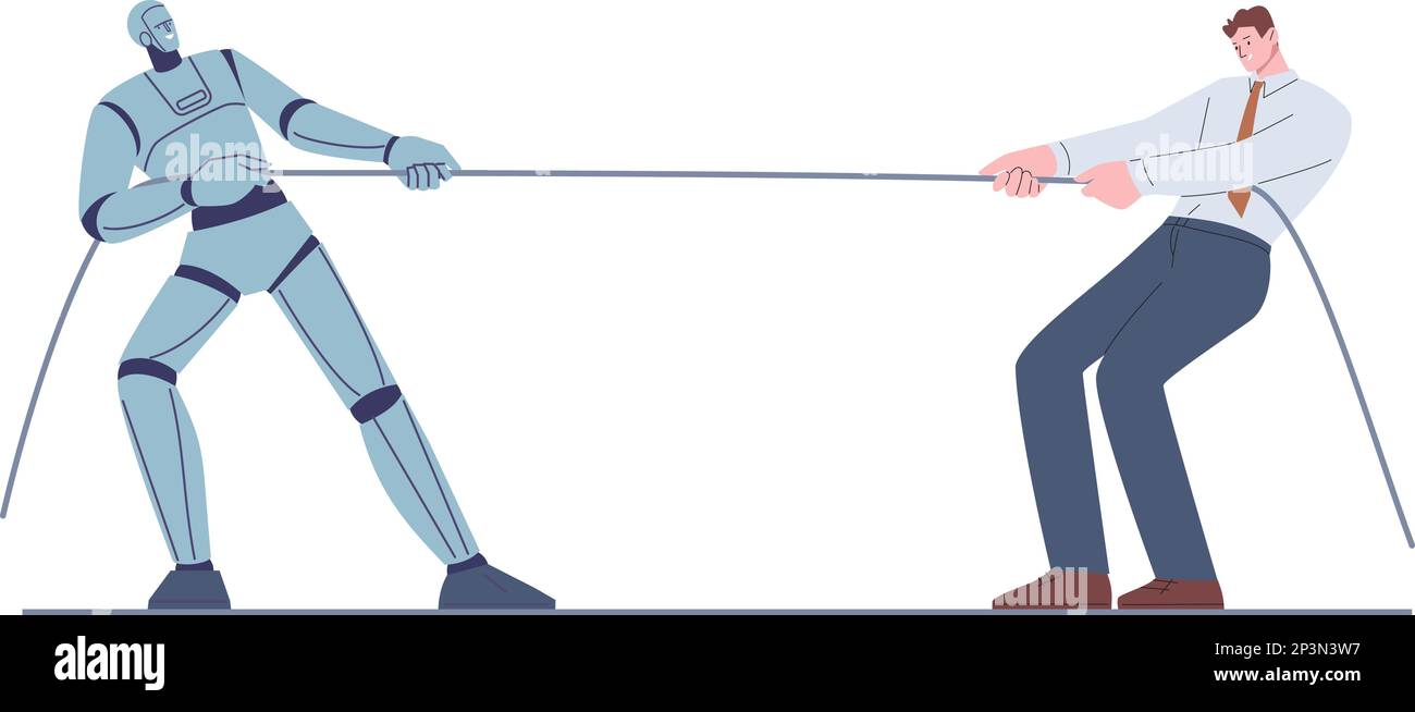 Robot vs person competition. Machine doing challenge to person, career ...