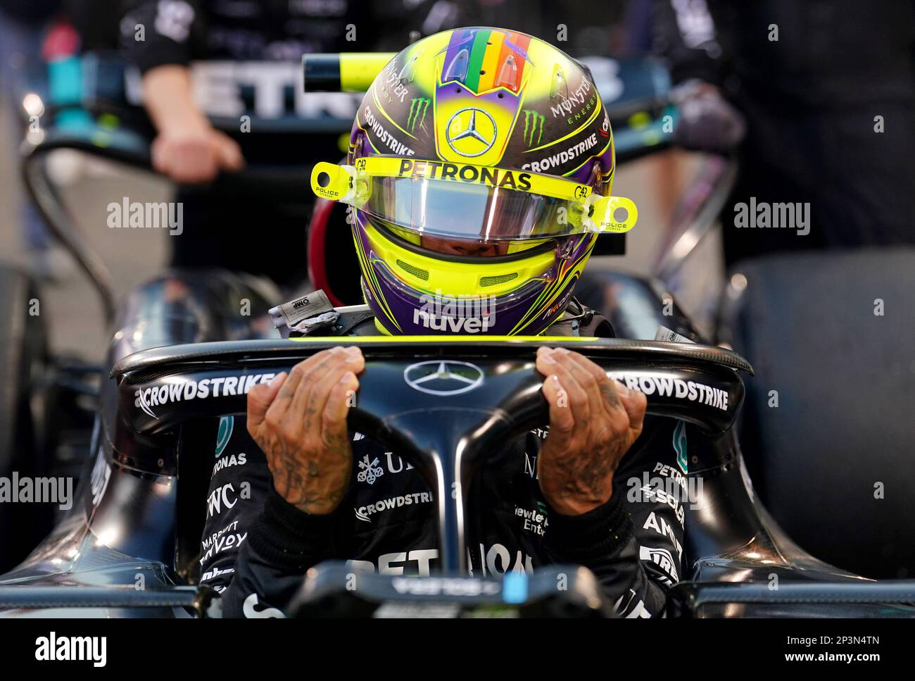 Mercedes' Lewis Hamilton on the grid before the Bahrain Grand Prix at ...