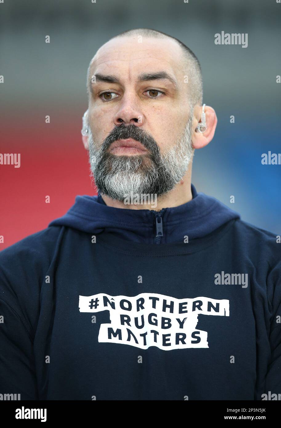 Sale Sharks head coach Alex Sanderson being interviewed after the final ...