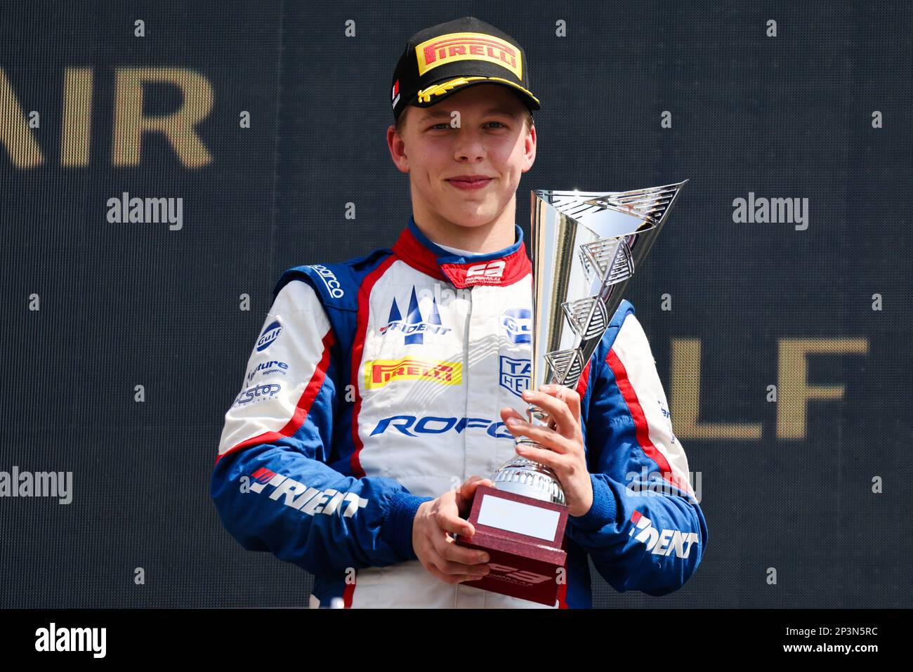 Sakhir, Bahrain. 5th Mar, 2023. Oliver Goethe of Trident celebrates on ...