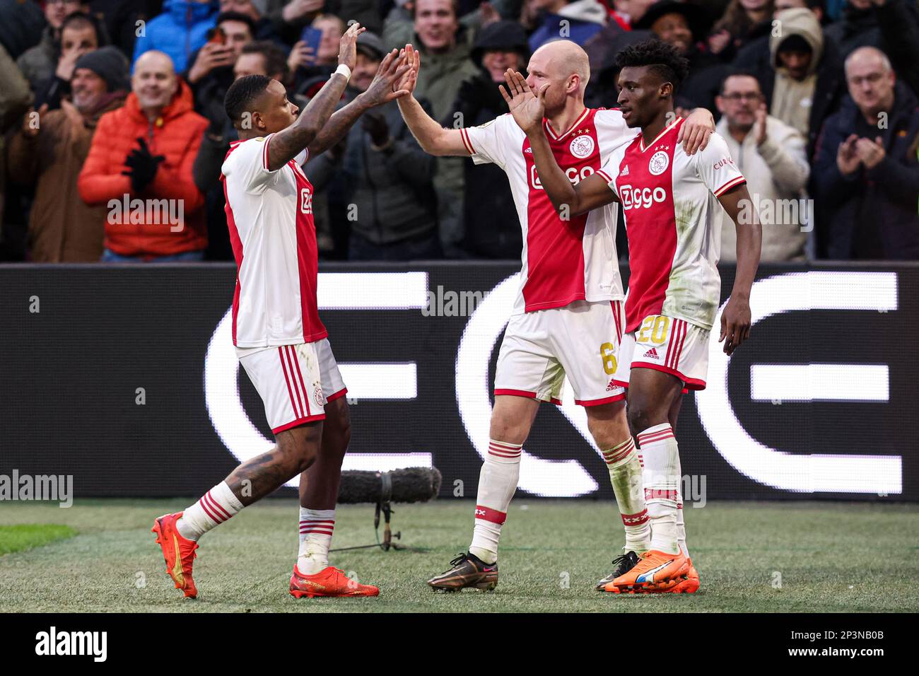 AMSTERDAM, NETHERLANDS - MARCH 5: Steven Bergwijn of Ajax, Davy Klaassen of Ajax, Mohammed Kudus ...