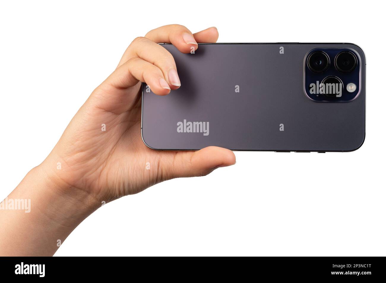 Taking photo with smartphone triple camera set isolated on white studio ...