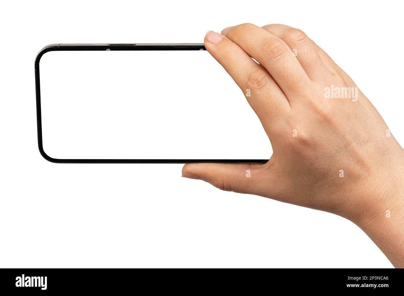Mockup of mobile in hand isolated on white studio background Stock ...