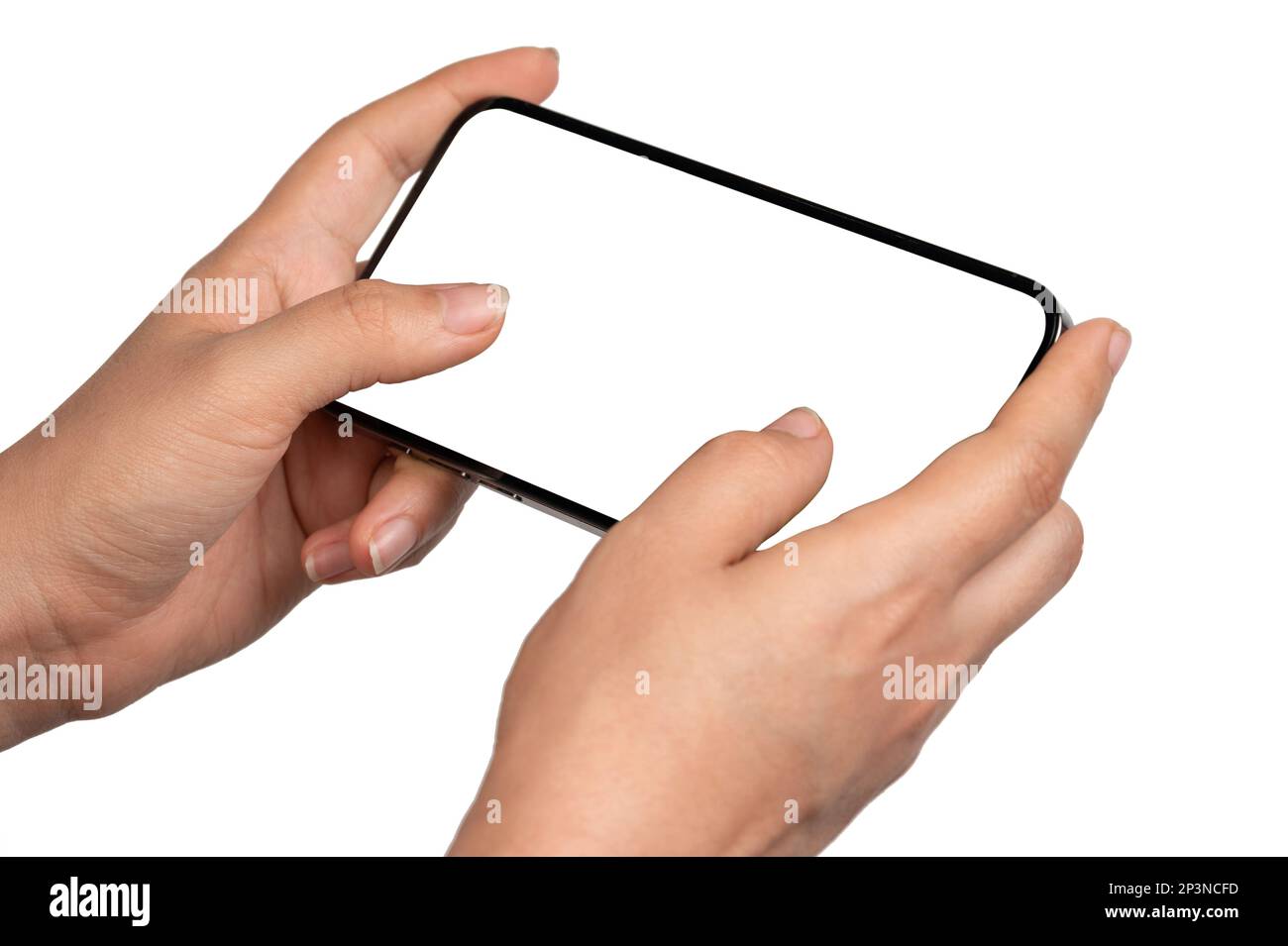 Using smartphone in horizontal mode isolated on white studio background ...