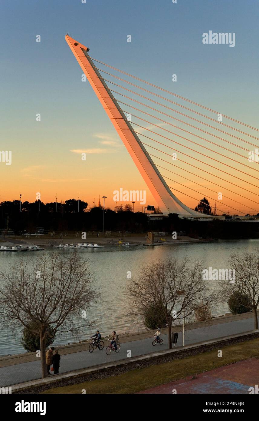 Bridge of the Alamillo in the river Guadalquivir. Seville, Andalusia ...