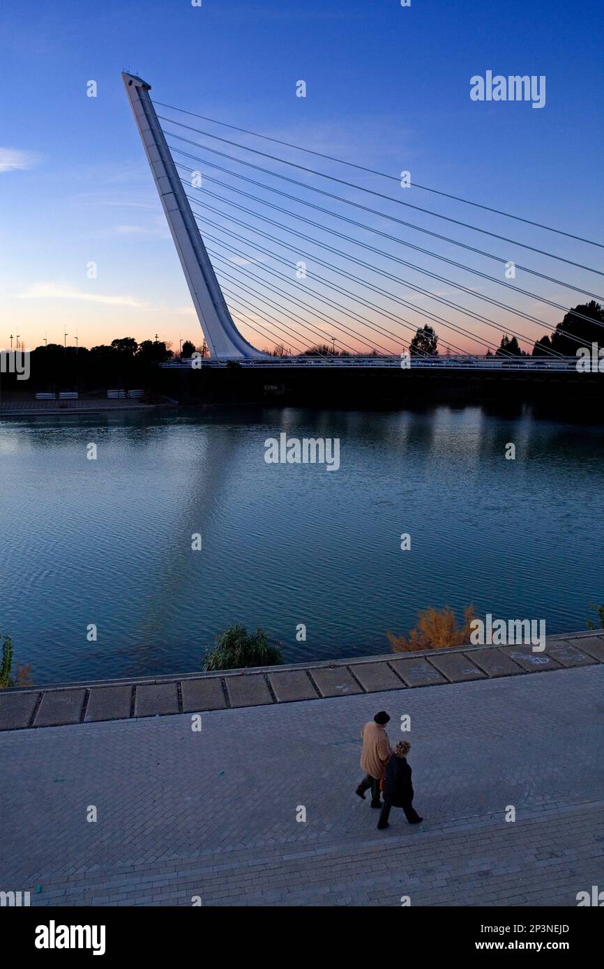 Bridge of the Alamillo in the river Guadalquivir. Seville, Andalusia ...