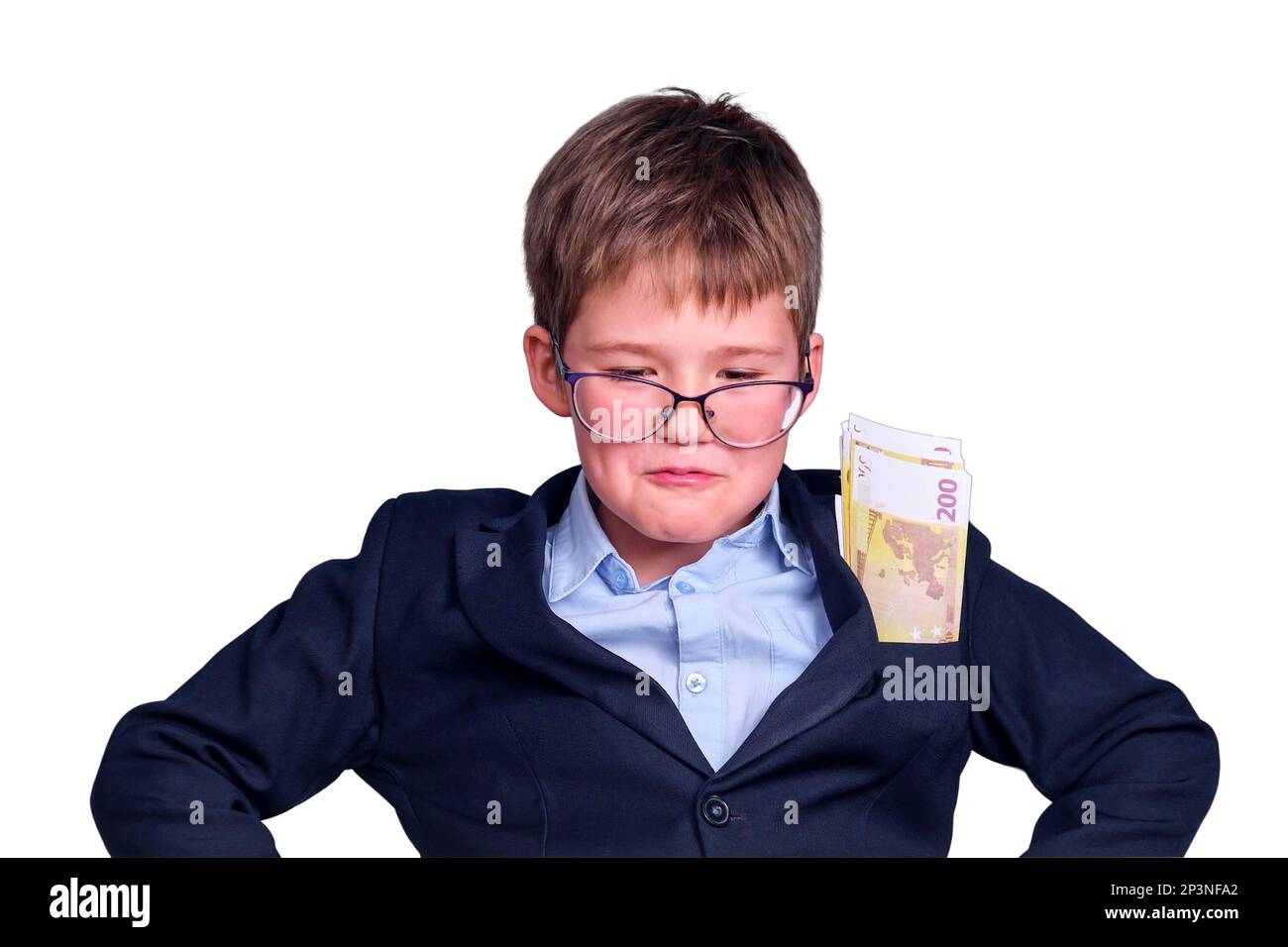 Boy student at school desk with euro money in his pocket, isolated on a ...